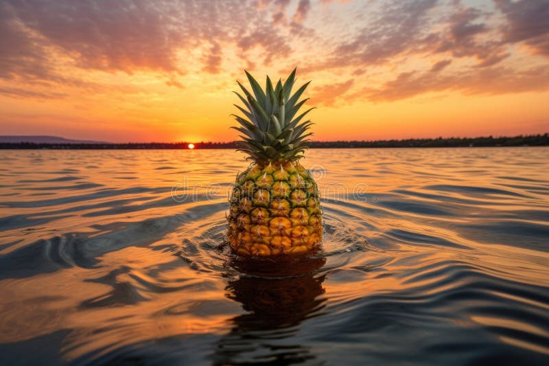 Pineapple Floating in the Sea Near the Beach with a Sunset Background ...