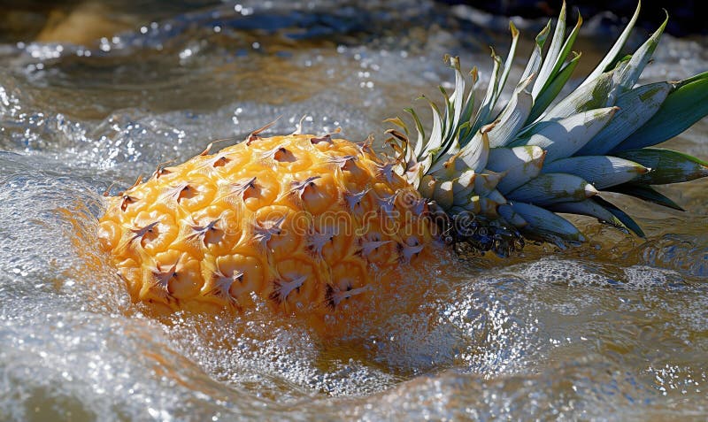 Pineapple Floating in Water with Bubbles and Splashes Creating a ...