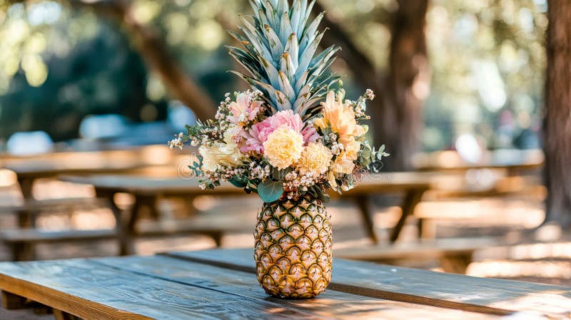 Pineapple Floral Centerpiece on Rustic Wooden Table Stock Illustration ...