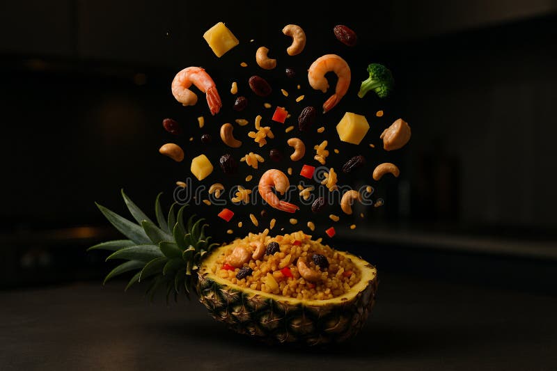Pineapple Fried Rice in Floating Explosion Stock Image - Image of ...