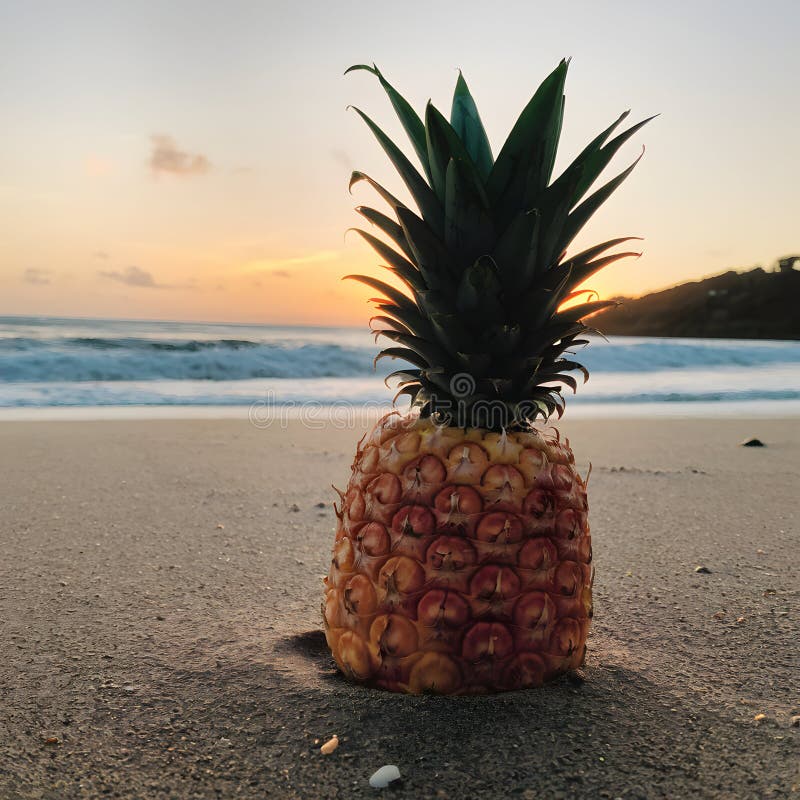 Pineapple Illuminated by Golden Sunset on a Sandy Beach, Ocean Waves in ...