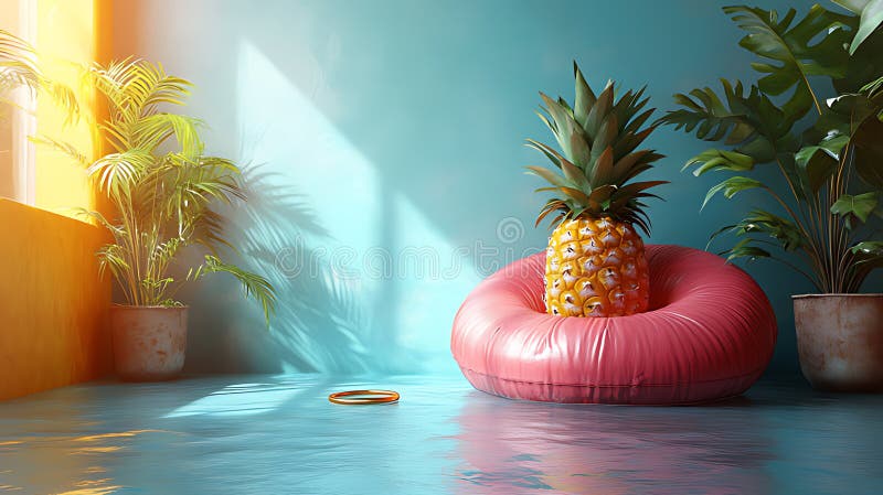Pineapple on Inflatable Ring in Sunny Indoor Pool Scene Stock ...