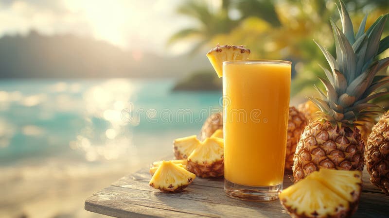 Pineapple Juice with Fruits on Beach in Sunset Light Stock Photo ...
