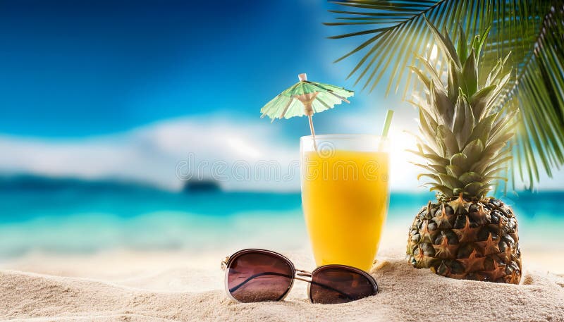 Pineapple Juice Palm Tree and Sunglasses on the Beach Soft Blur ...