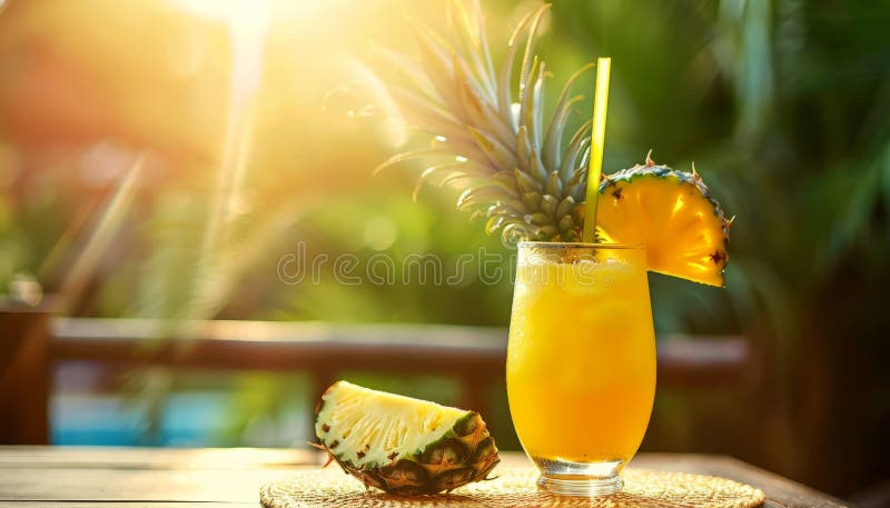 Pineapple Juice on Table with Sun Rays Stock Illustration ...