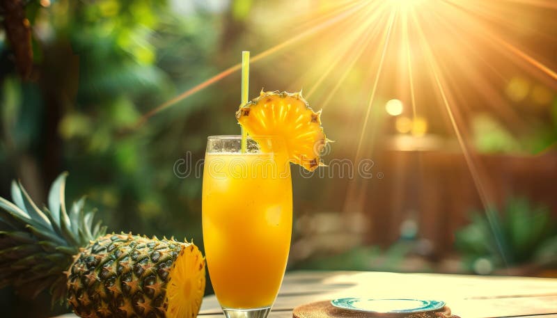 Pineapple Juice on Table with Sun Rays Stock Illustration ...