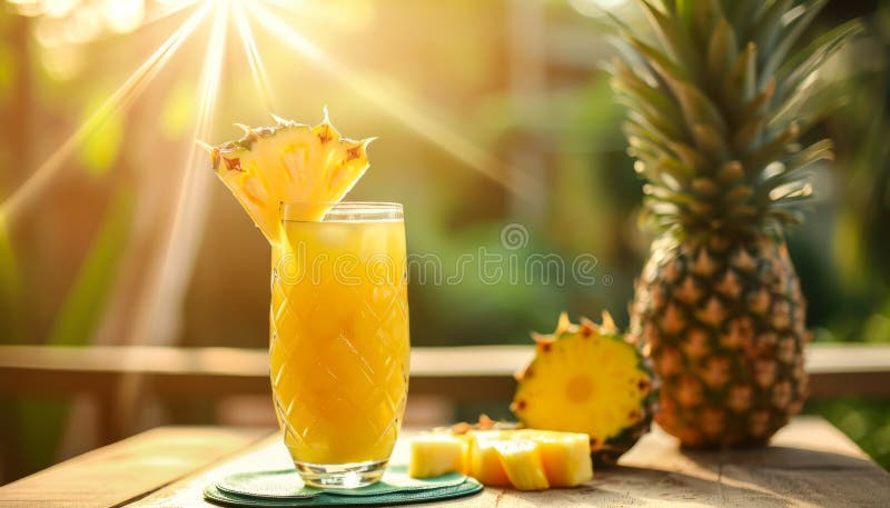 Pineapple Juice on Table with Sun Rays Stock Illustration ...