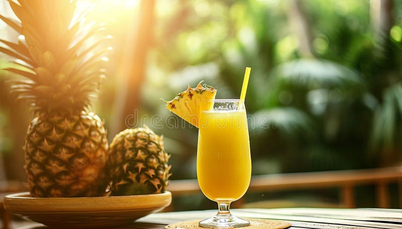 Pineapple Juice on Table with Sun Rays Stock Illustration ...