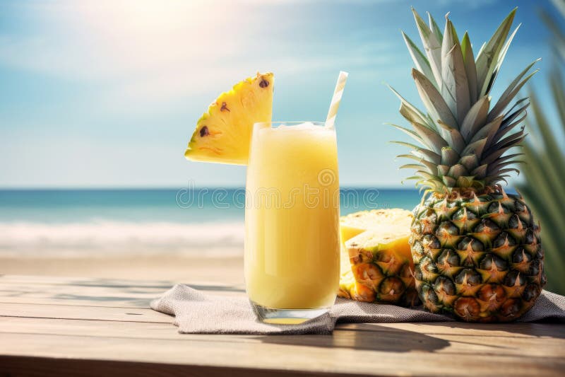 Pineapple Juice on Tropical Beach Background. Drink and Summer Concept ...