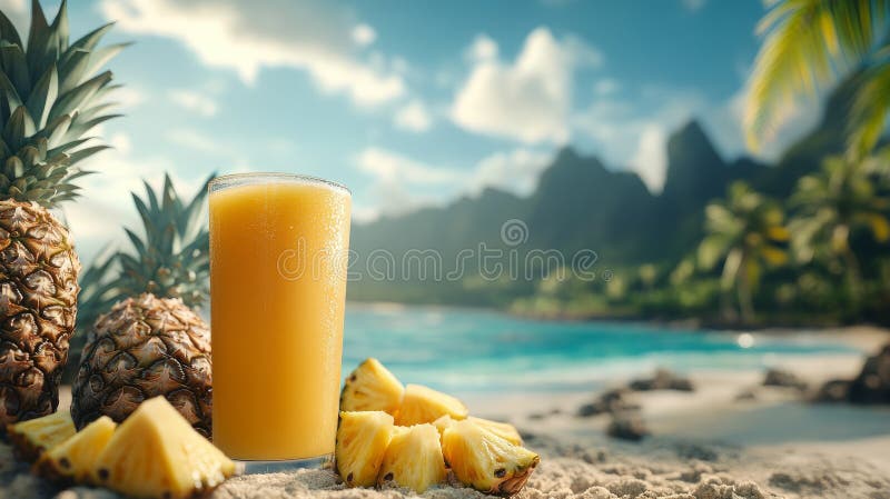 Pineapple Juice on a Tropical Beach with Mountains. Stock Photo - Image ...