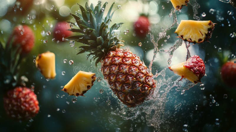 Pineapple and Lychee Fruit Splash Photography Stock Illustration ...