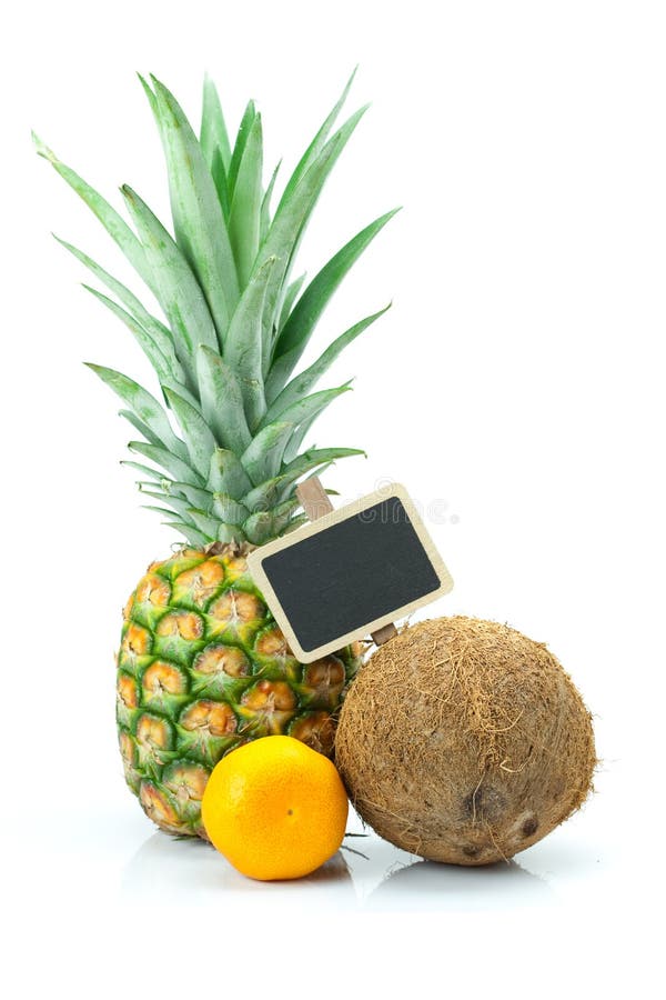 Pineapple, Mandarin , Coconut and Board Stock Photo - Image of climate ...