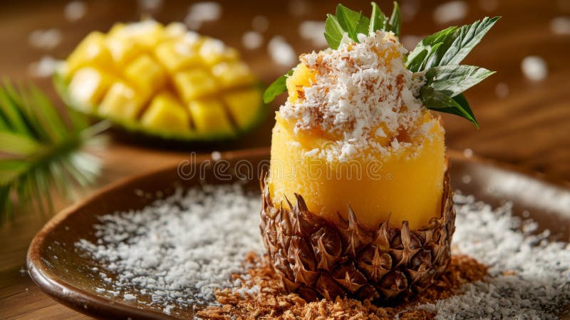 Pineapple Mango Coconut Dessert on Brown Plate Stock Illustration ...