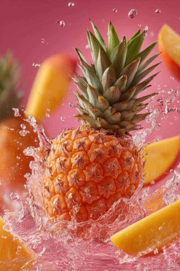 Pineapple and Mango in Water Splash on Pink Background Stock ...