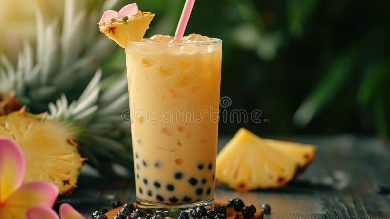 Pineapple Milkshake with Sweet Tapioca Balls, Asian Bubble Tea Drink ...