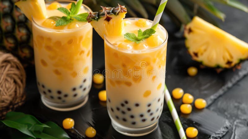 Pineapple Milkshake with Sweet Tapioca Balls, Asian Bubble Tea Drink ...