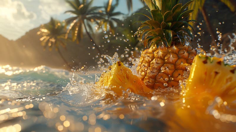 Pineapple in Ocean Waves at Sunset Stock Image - Image of refreshment ...
