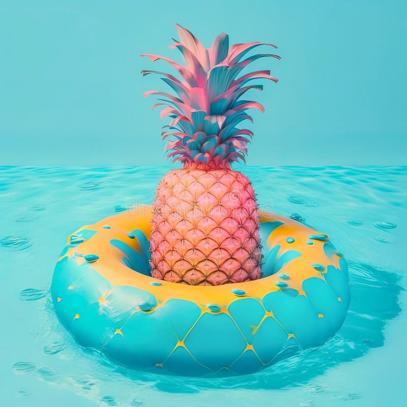 A Pineapple in a Pink Inflatable Ring Floats in a Blue Pool, Summer ...