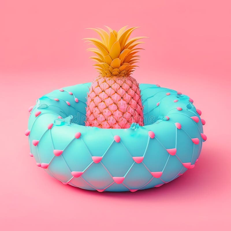A Pineapple in a Pink Inflatable Ring Floats in a Blue Pool, Summer ...