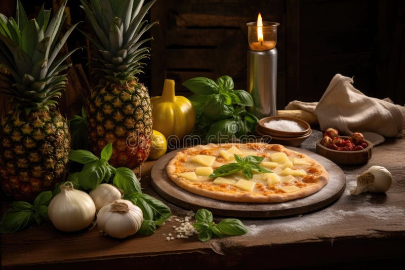 Pineapple Pizza on Rustic Table with Ingredients Scattered Around Stock ...