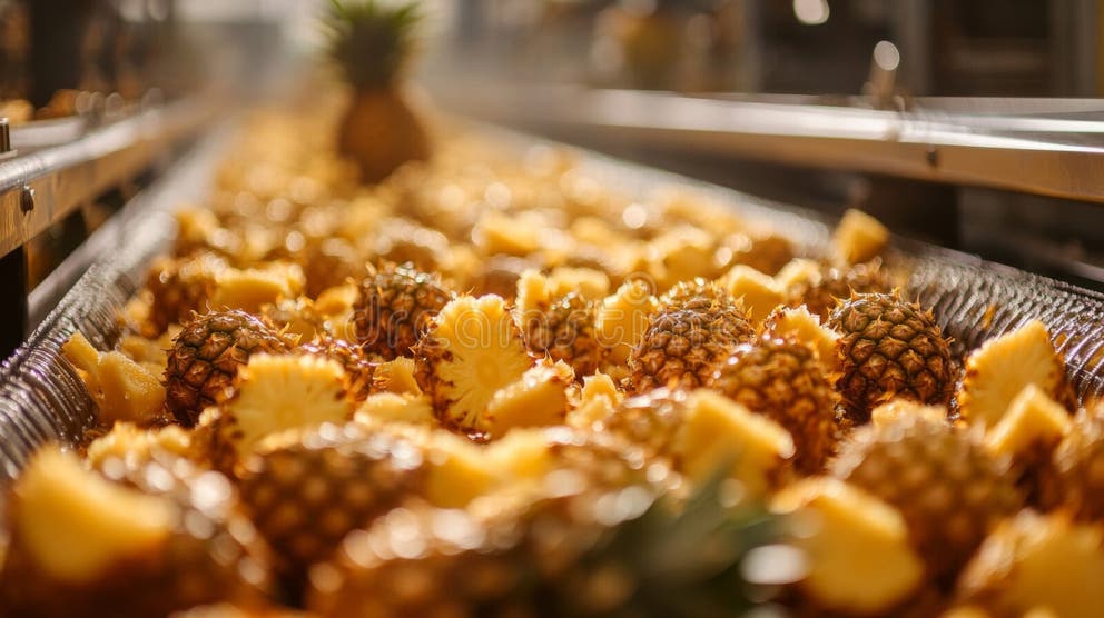 Pineapple Processing Line Showing Many Whole and Cut Pineapples Stock ...