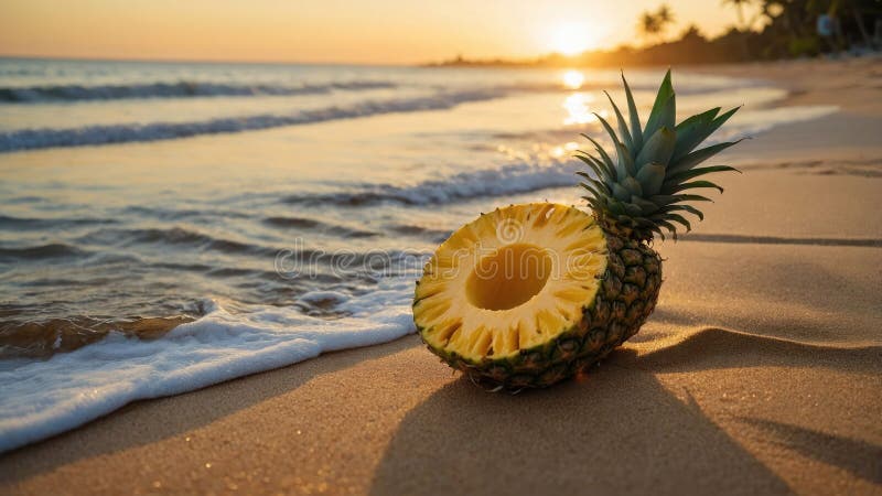 Golden Pineapple Sunset on Tropical Beach Stock Illustration ...