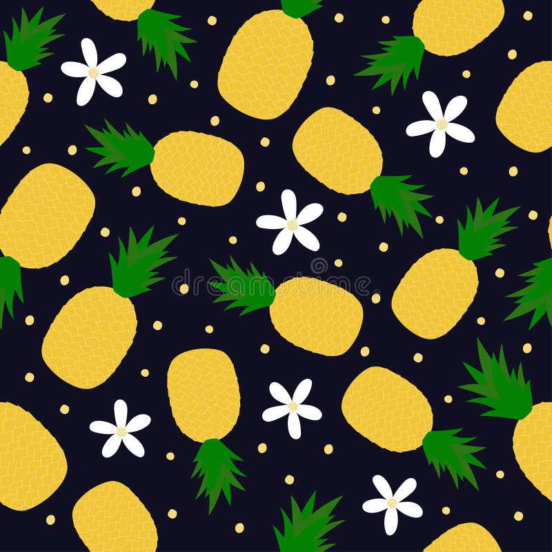 Pineapple Seamless Pattern. Cartoon Whole Fruit and Flowers on Dark Blue Background Stock Vector ...