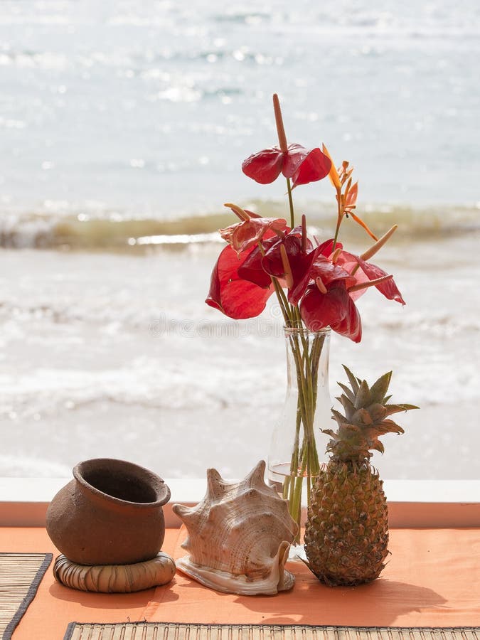 Pineapple, Shell, Flowers on a Beach Table Stock Image - Image of ...