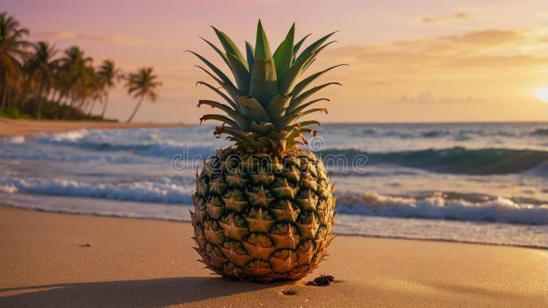 Tropical Pineapple on Sunset Beach Stock Illustration - Illustration of ...