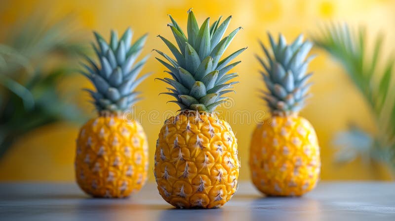A Pineapple Sits on a Wooden Table in Front of a Yellow Wall. Stock ...