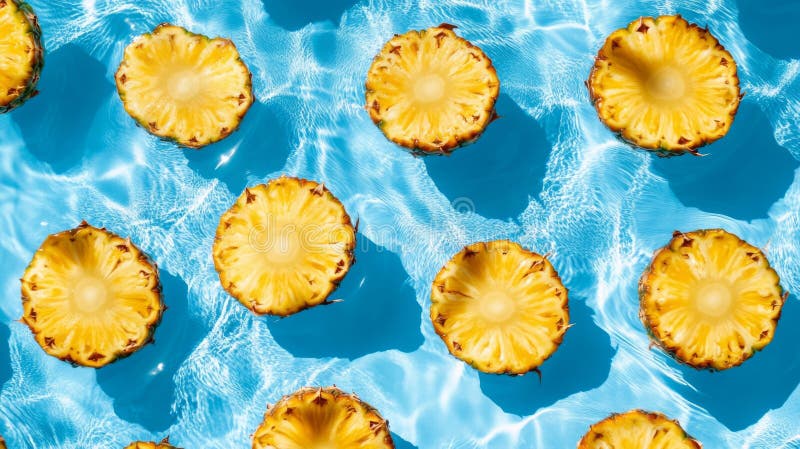 Pineapple Slices Floating on Blue Water Stock Illustration ...