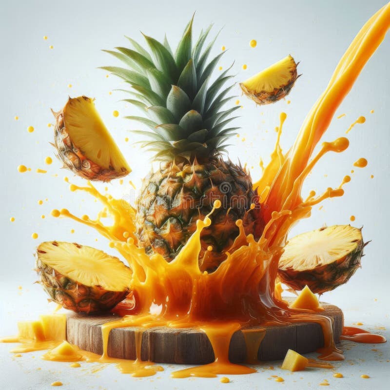 Pineapple Slices and Juice Explosion on White Background Ok Stock ...