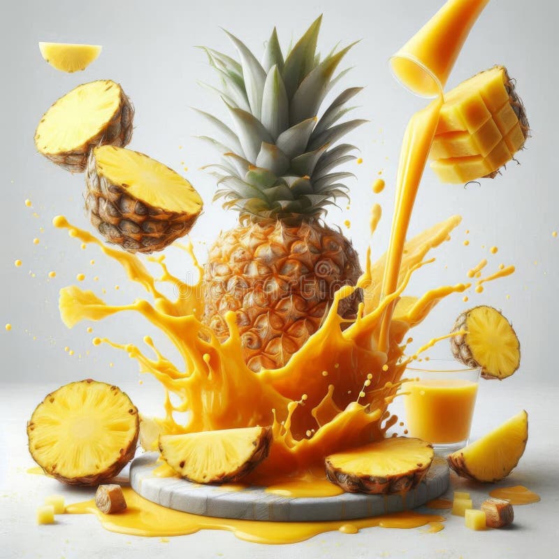 Pineapple Slices and Juice Explosion on White Background Ok Stock ...