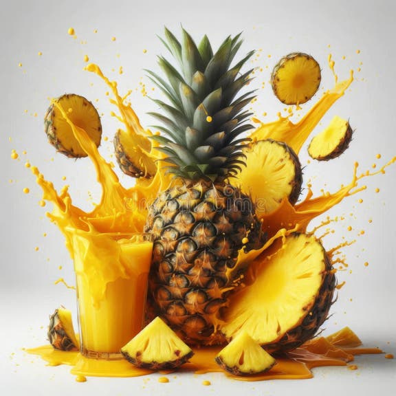 Pineapple Slices and Juice Explosion on White Background Ok Stock ...