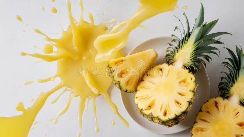 Pineapple Slices and Juice Explosion on White Background Ok Stock ...