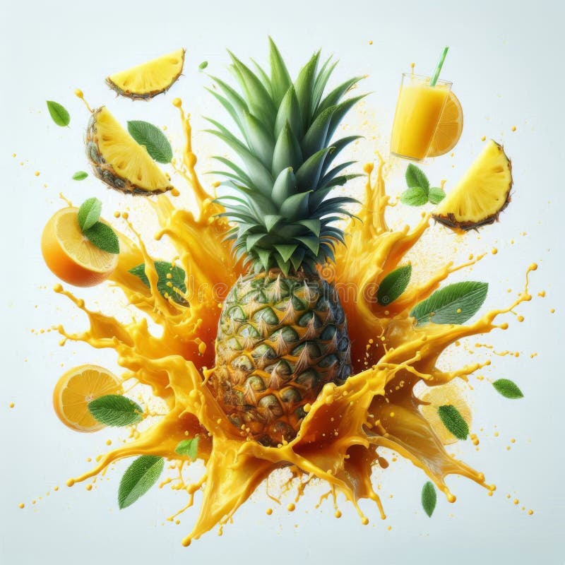 Pineapple Slices and Juice Explosion on White Background Ok Stock ...