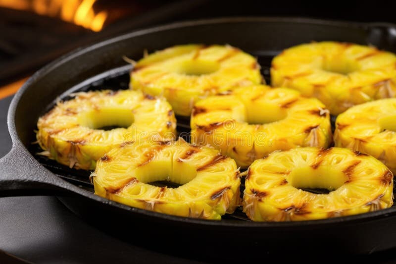 Pineapple Slices Searing on a Cast-iron Pan Stock Illustration ...