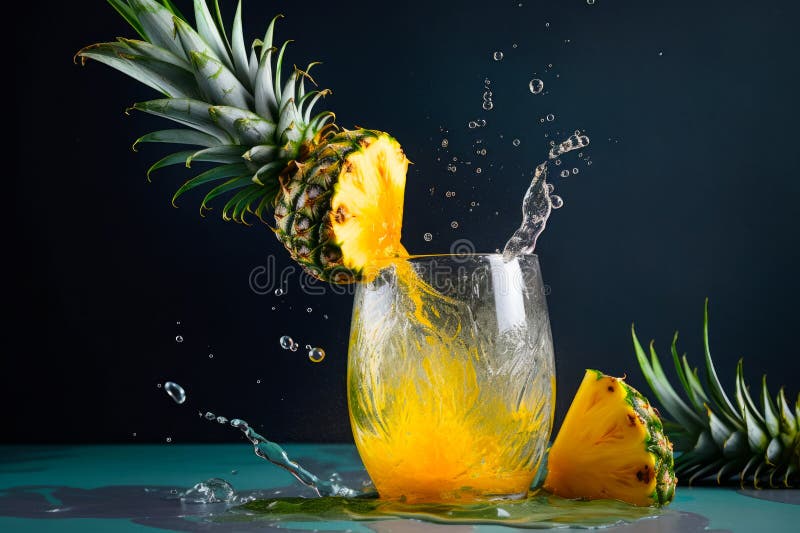 Pineapple Splashing into Glass of Water on Blue Surface. Generative AI ...