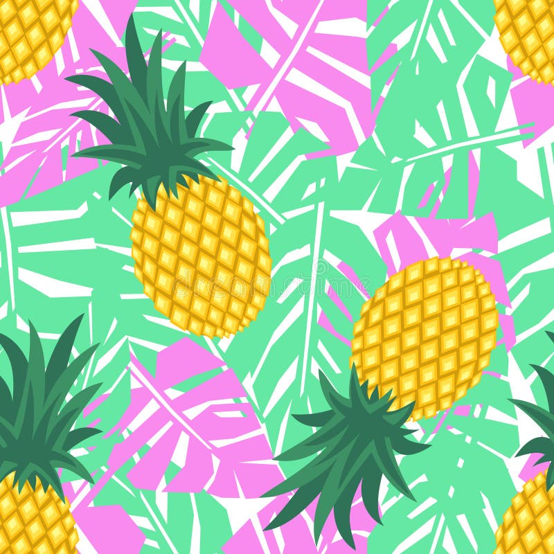 Pineapple with Tropical Leaves Seamless Pattern. Cute Vector Pineapple Pattern Stock Vector ...