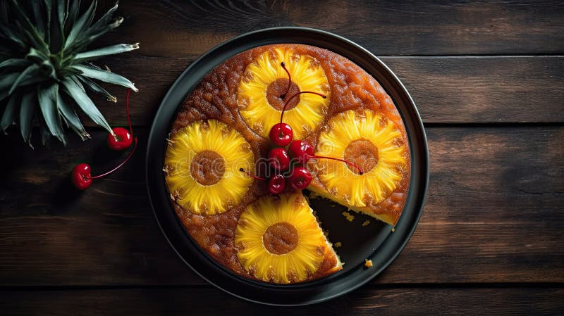 Pineapple Upside-down Cake on a Wooden Table, Top-down View Stock Image ...