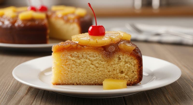 Pineapple Upside-down Cake Slice with Cherry Stock Illustration ...