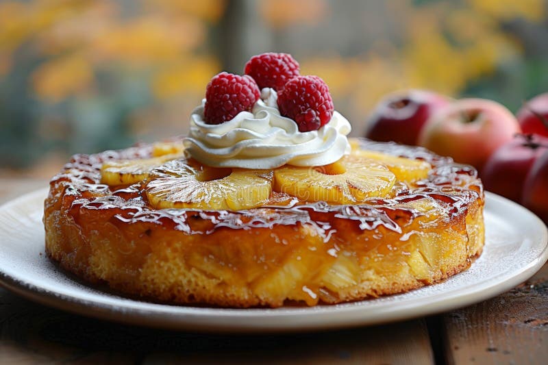 Pineapple Upside-down Cake Topped with Whipped Cream and Raspberries ...