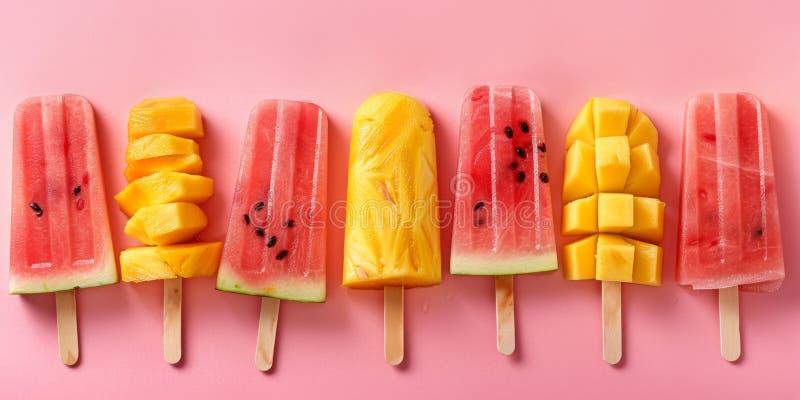 Pineapple, Watermelon and Mango Slices on Sticks Like Popsicles Stock ...