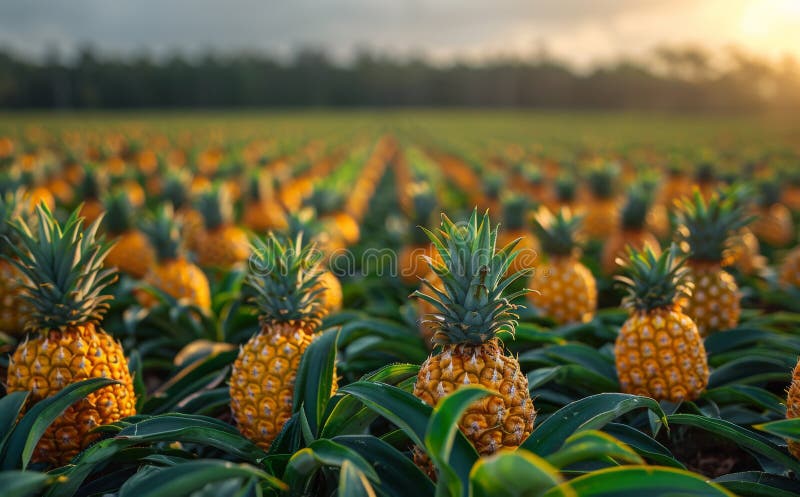 Pineapples at sunset stock photo. Image of plants, gardening - 370781966