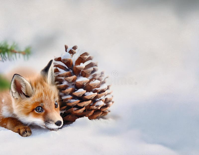 A Pinecone Lying in the Snow, with a Fox Stock Illustration ...