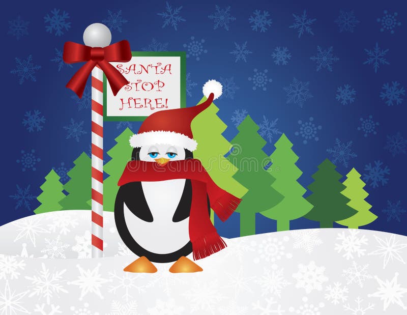 Pingüino En Santa Stop Here Sign Ilustración del Vector - Ilustración ...