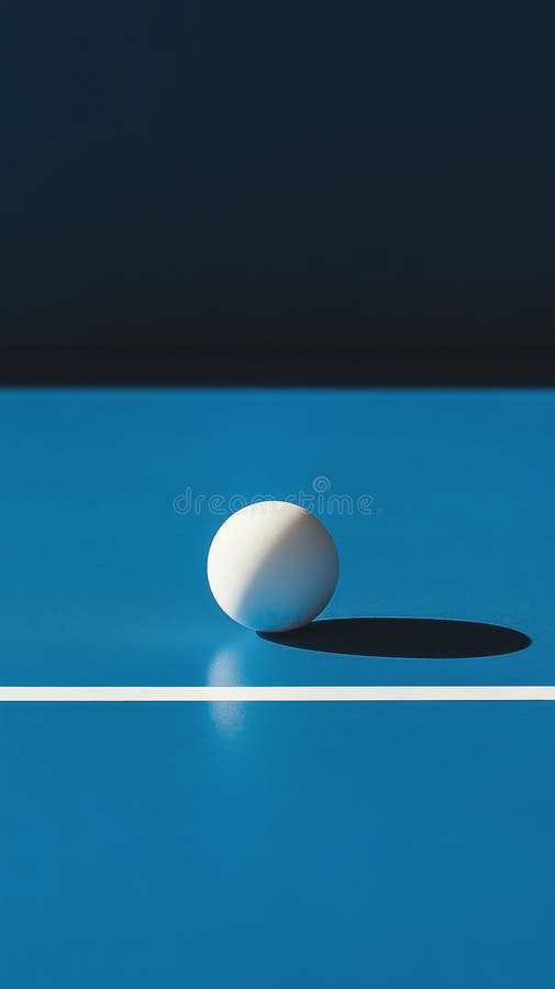 Ping Pong Ball Sits on the Line of a Blue Table with Shadows and ...