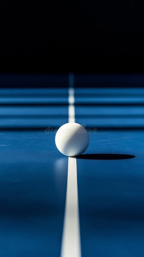 Ping Pong Ball Sits Line Blue Table Shadows Stripes Background Stock ...