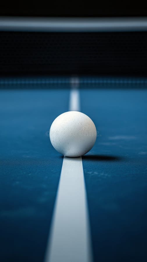 Ping Pong Ball Sits on the Line of a Blue Table with Shadows and ...