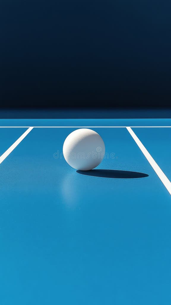 Ping Pong Ball Sits on the Line of a Blue Table with Shadows and ...